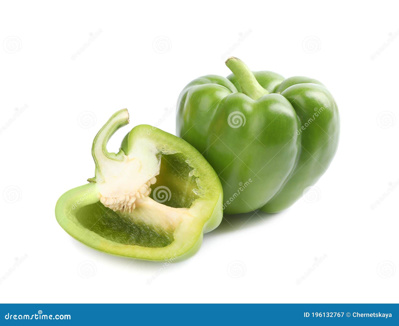 Cut and Whole Fresh Green Bell Peppers Isolated on White Stock Image ...