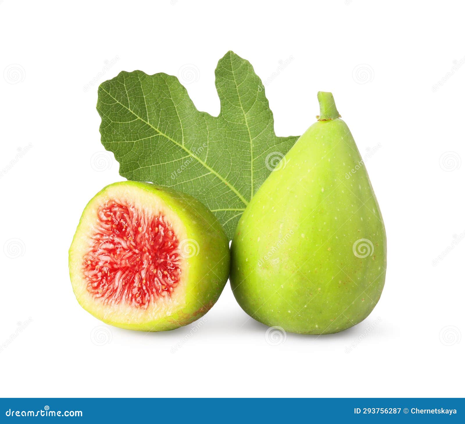 Cut and Whole Green Figs with Leaf Isolated on White Stock Image ...