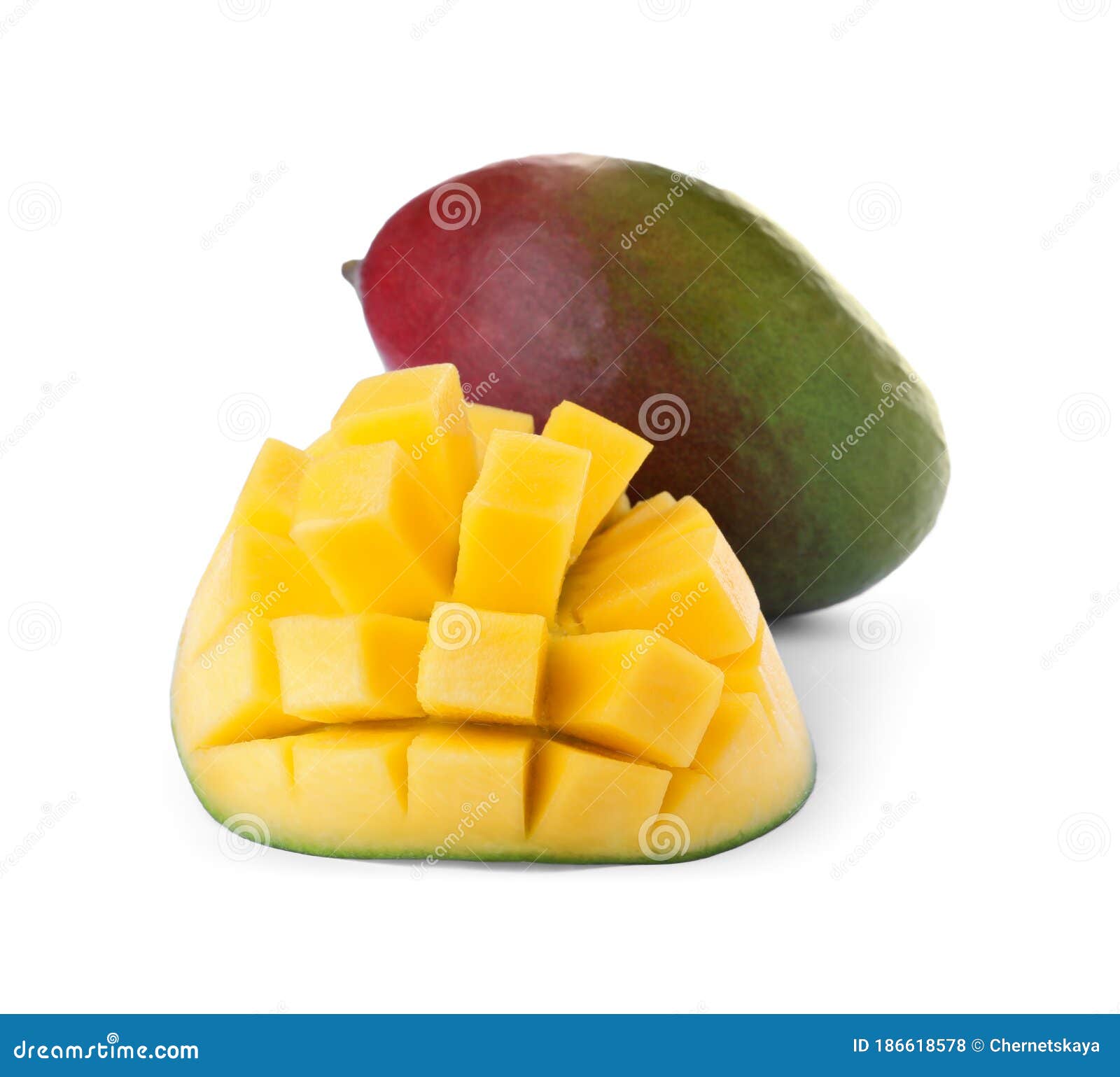 Cut and Whole Ripe Mangoes Isolated Stock Photo - Image of snack ...