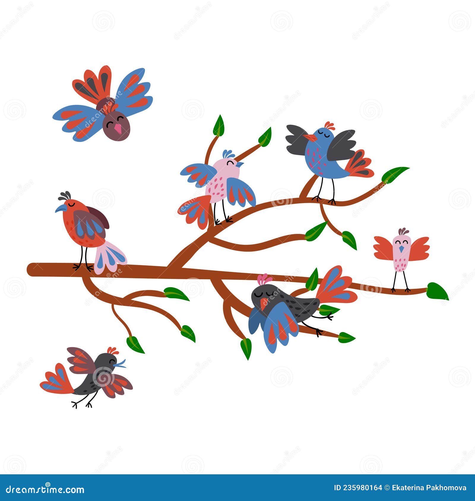 Cute Birds on Tree Branch. Flying and Standing Stock Vector ...