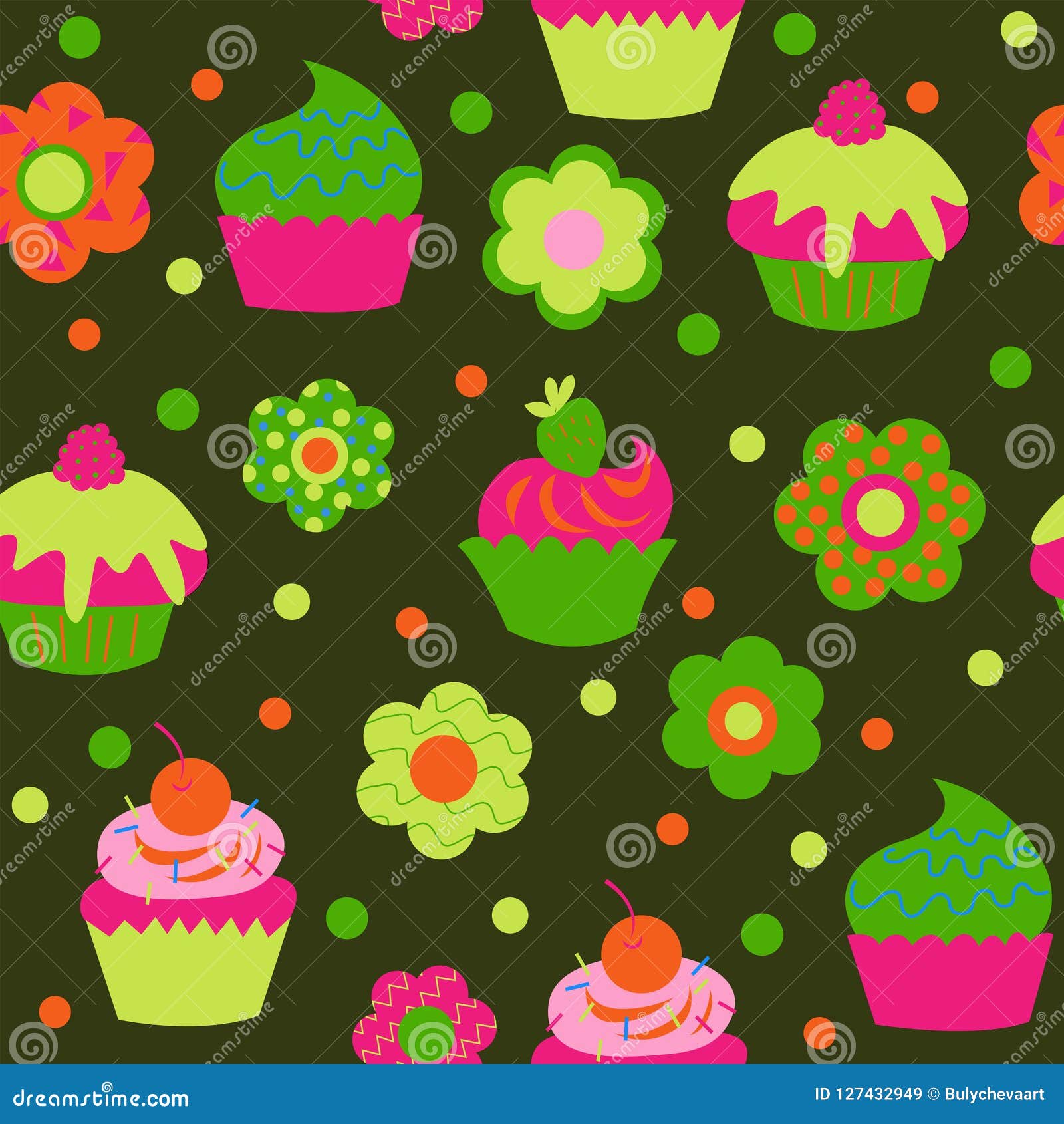 Cute Abstract Seamless Texture with Cupcakes on Dark Background Stock ...