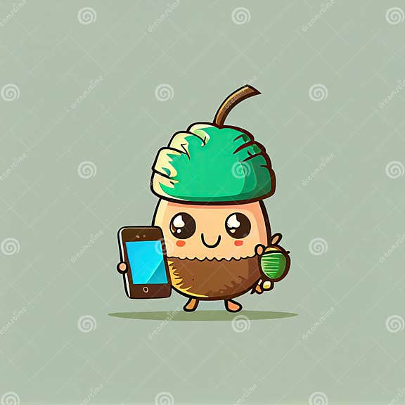 Cute Acorn Cartoon Character Looking at the Smartphone, Cartoon Style ... Cute Acorn Cartoon Character Looking at the Smartphone, Cartoon Style ...