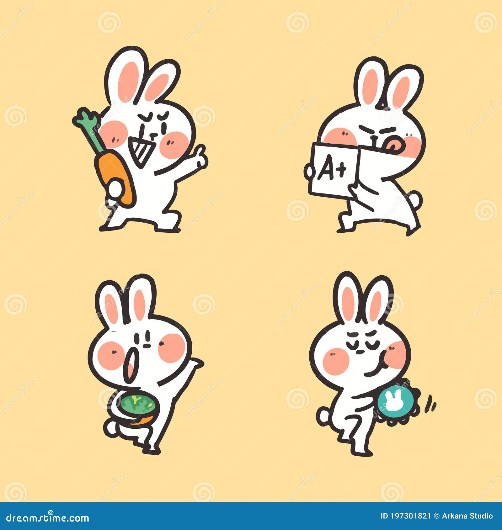 Cute and Active Young Rabbit Doodle Illustration Set Stock Vector ...