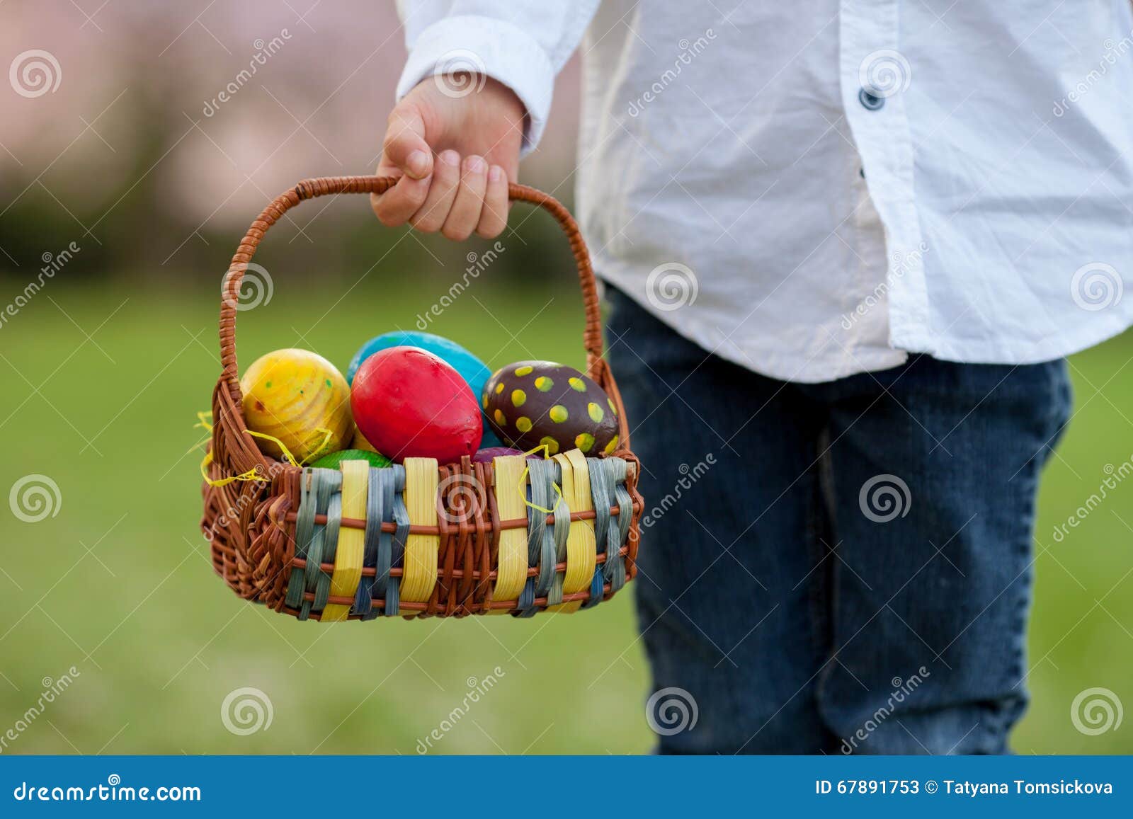 Cute Adorable Boy, Gathering Easter Eggs in a Spring Blooming Ch Stock ...