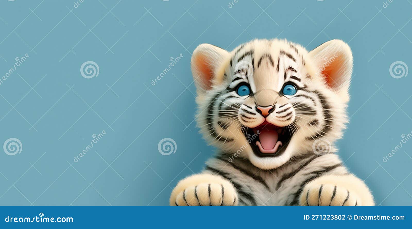 Cute Adorable Tiger Cub Smiling on Blue Background and Copy Space ...