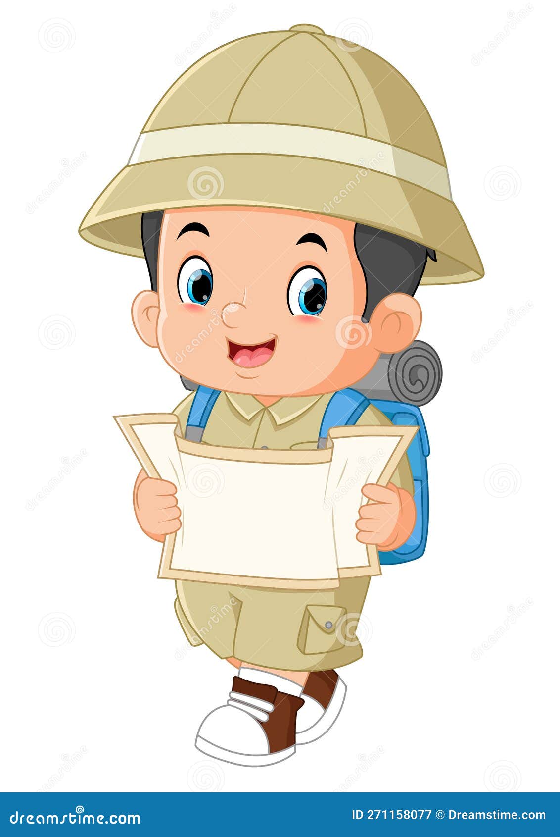 A Cute Adventurous Boy Carrying a Backpack and Reading a Map Stock ...