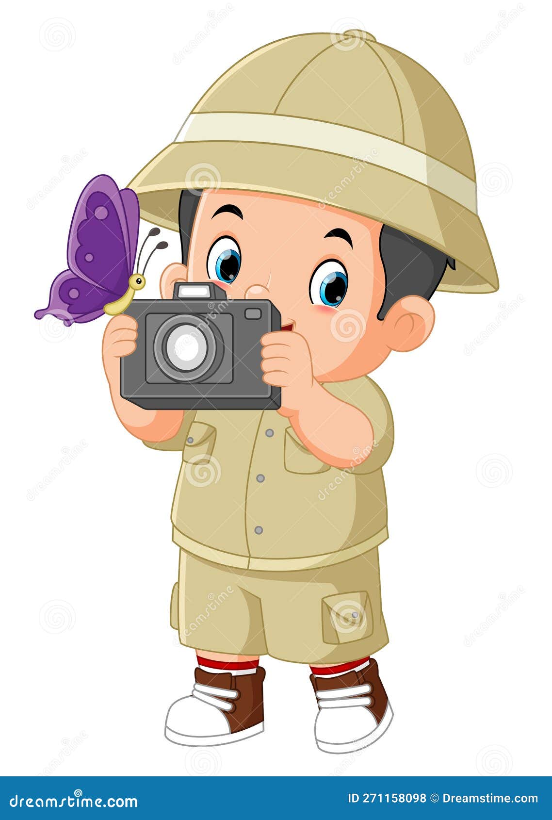 A Cute Adventurous Boy is Observing a Butterfly and Carrying a Camera ...