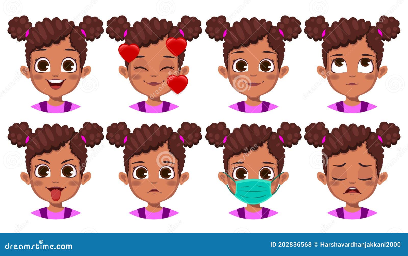 Cute African Girl with Different Facial Expression Set Stock ...
