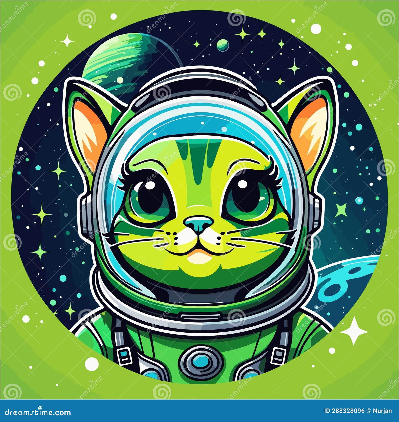 Cute Alien Green Cat in a Spacesuit. Vector Illustration on Light ...