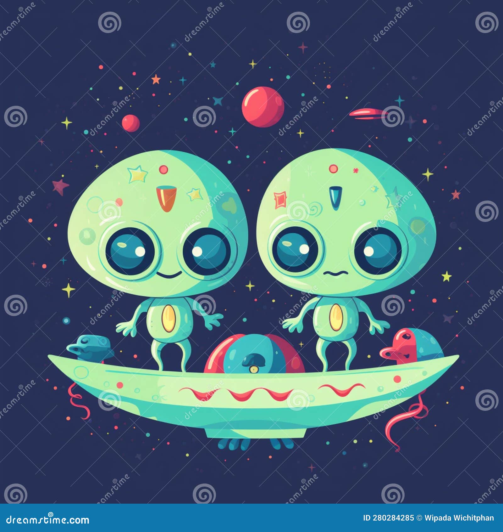 Cute aliens in the galaxy stock illustration. Illustration of digital ...