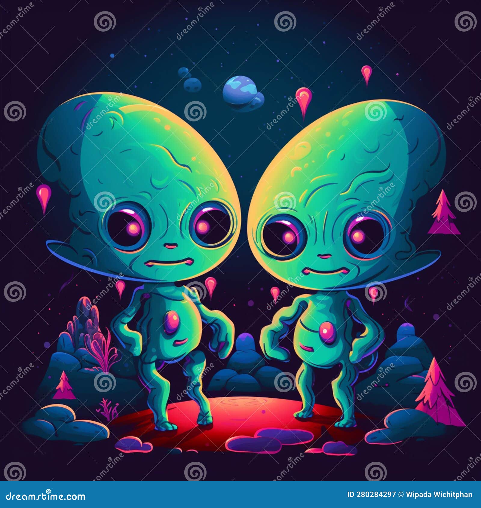 Cute aliens in the galaxy stock illustration. Illustration of cartoon ...