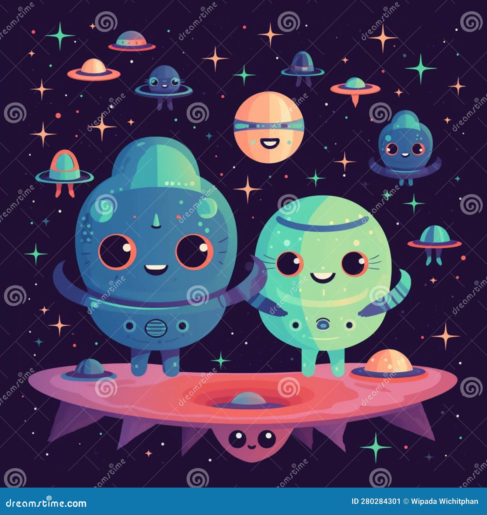 Cute aliens in the galaxy stock illustration. Illustration of design ...