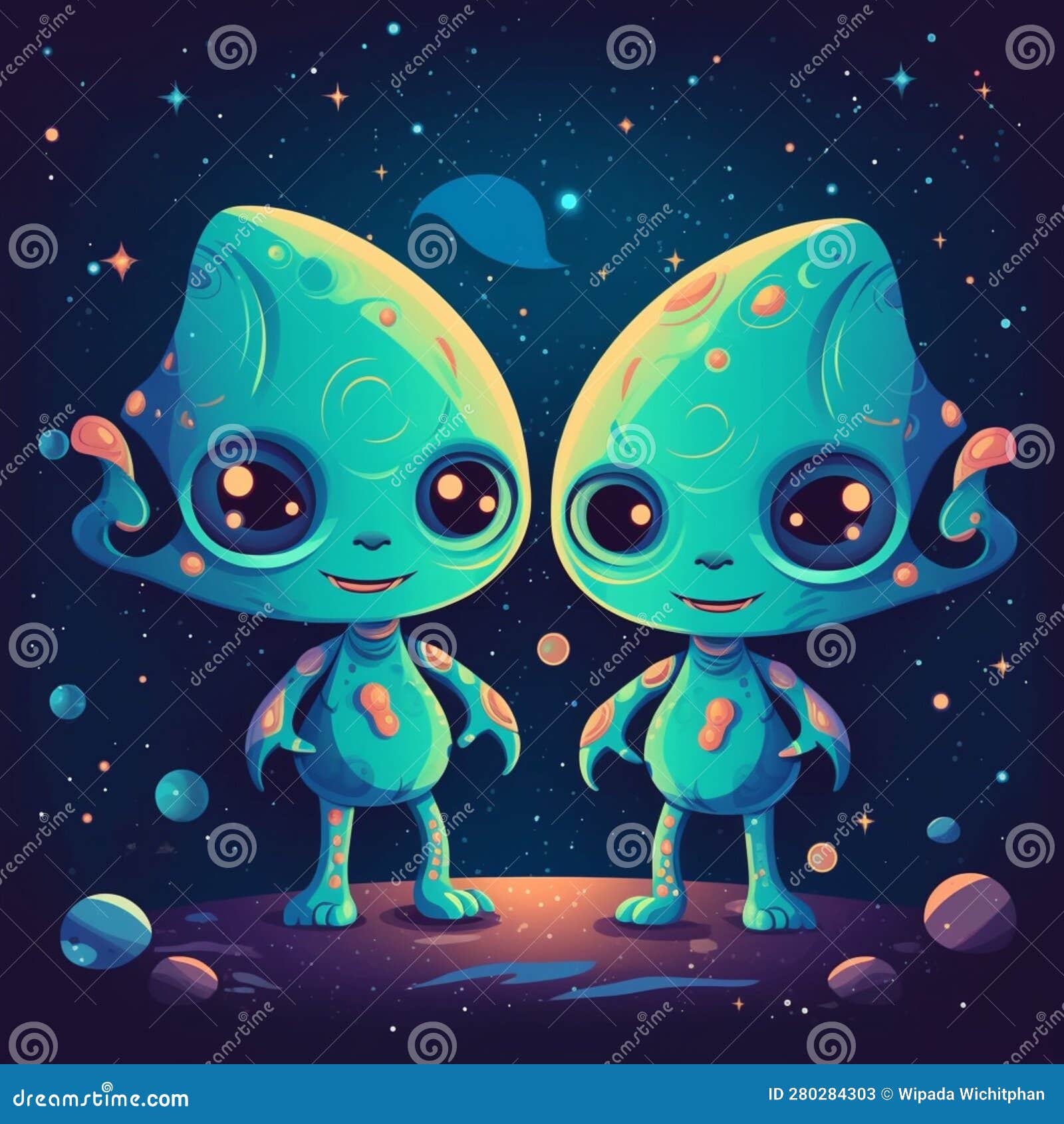 Cute aliens in the galaxy stock illustration. Illustration of drawing ...