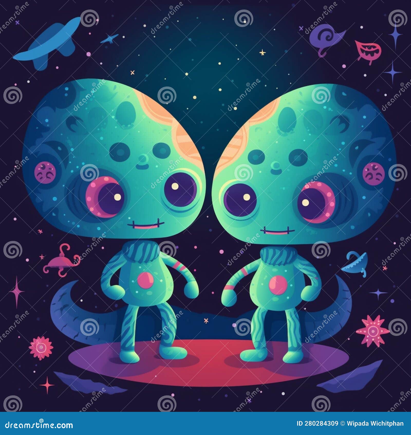 Cute aliens in the galaxy stock illustration. Illustration of galaxy ...