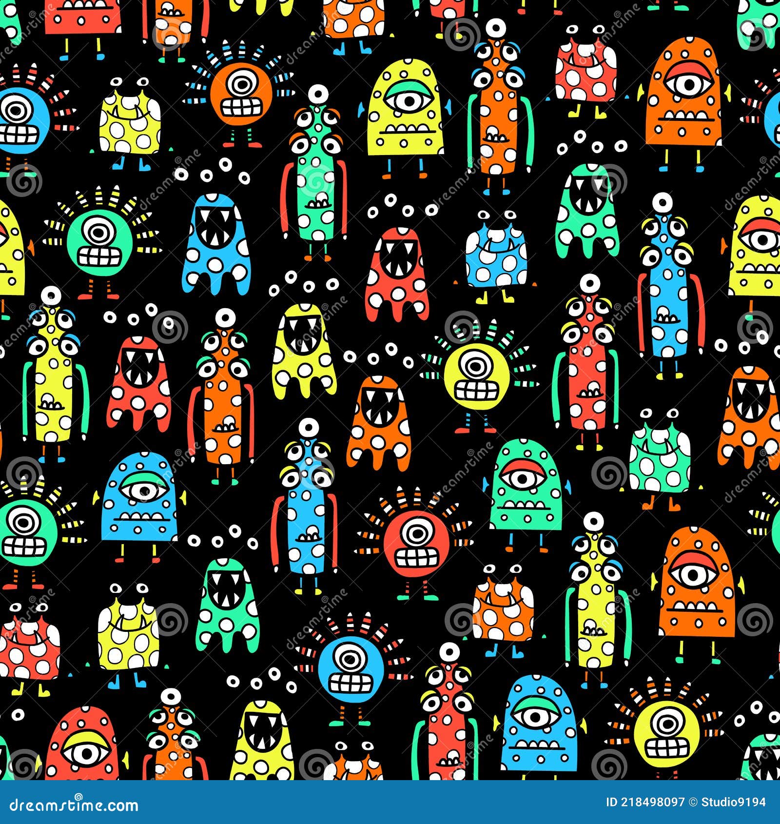 Cute Aliens Monsters Seamless Pattern Vector Black. Funny Childrens ...