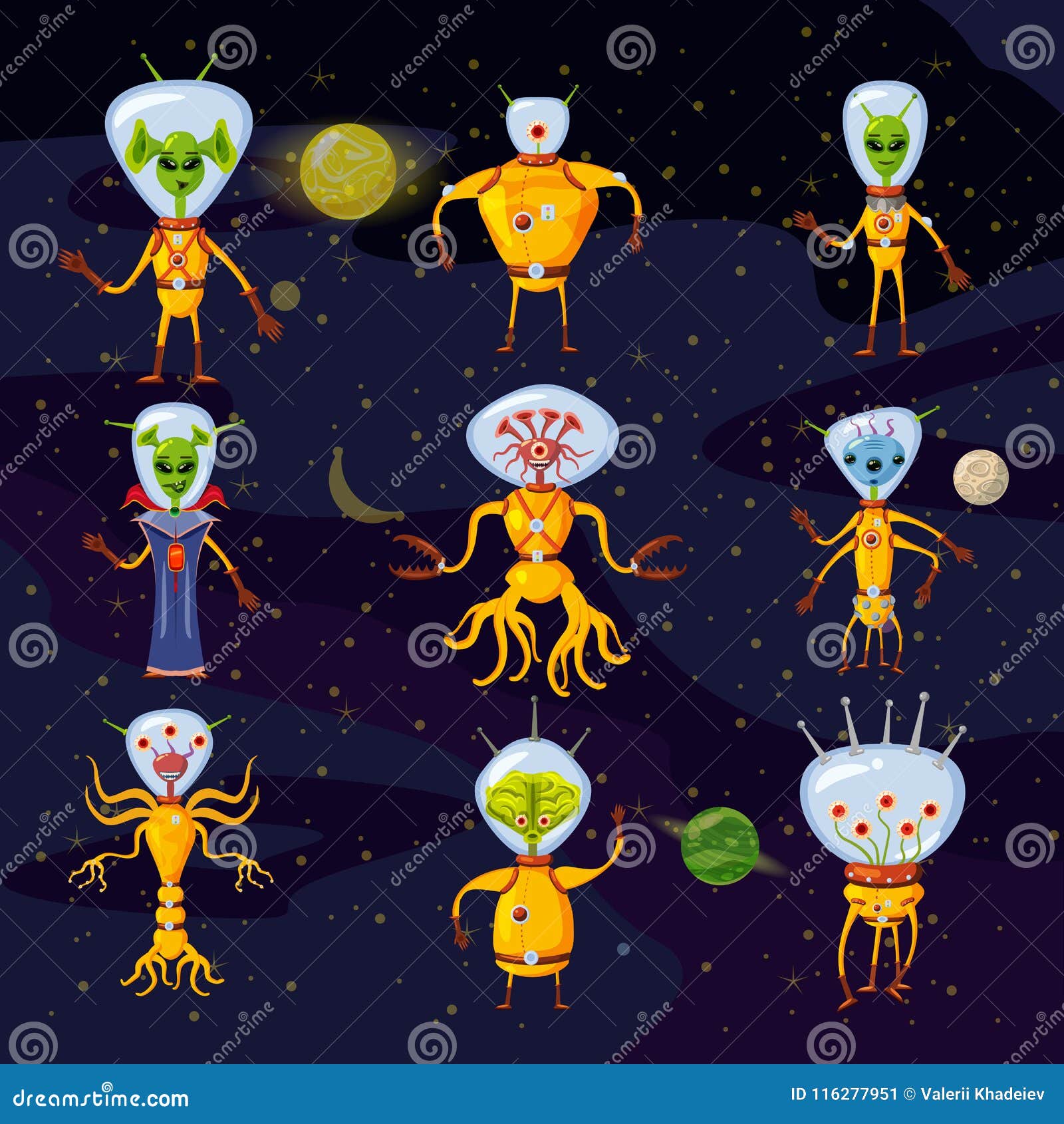 Cute Aliens in Space Suits, Spaceship Crew Cartoon Characters in Space ...