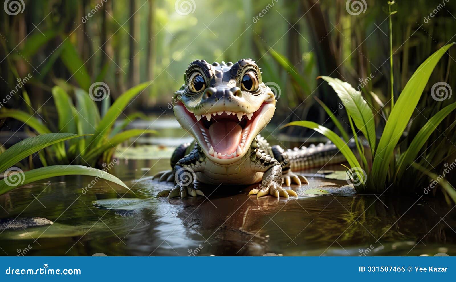 Cute Alligator Smiling in Swamp. Stock Illustration - Illustration of ...