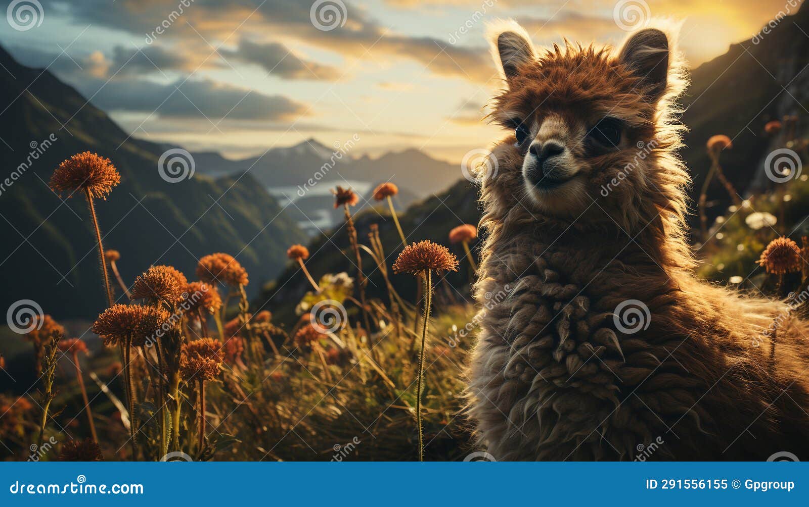 A Cute Alpaca Grazing in a Green Meadow at Sunset Generated by AI Stock ...