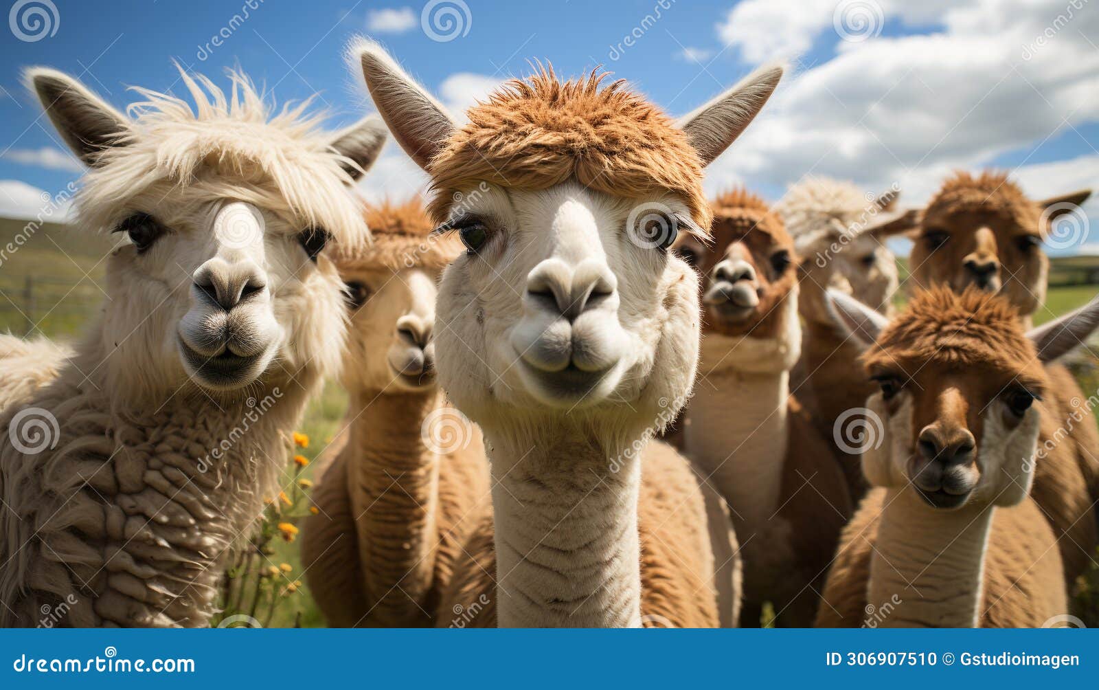 Cute Alpaca Herd Grazing in Green Meadow, Looking at Camera Generated ...