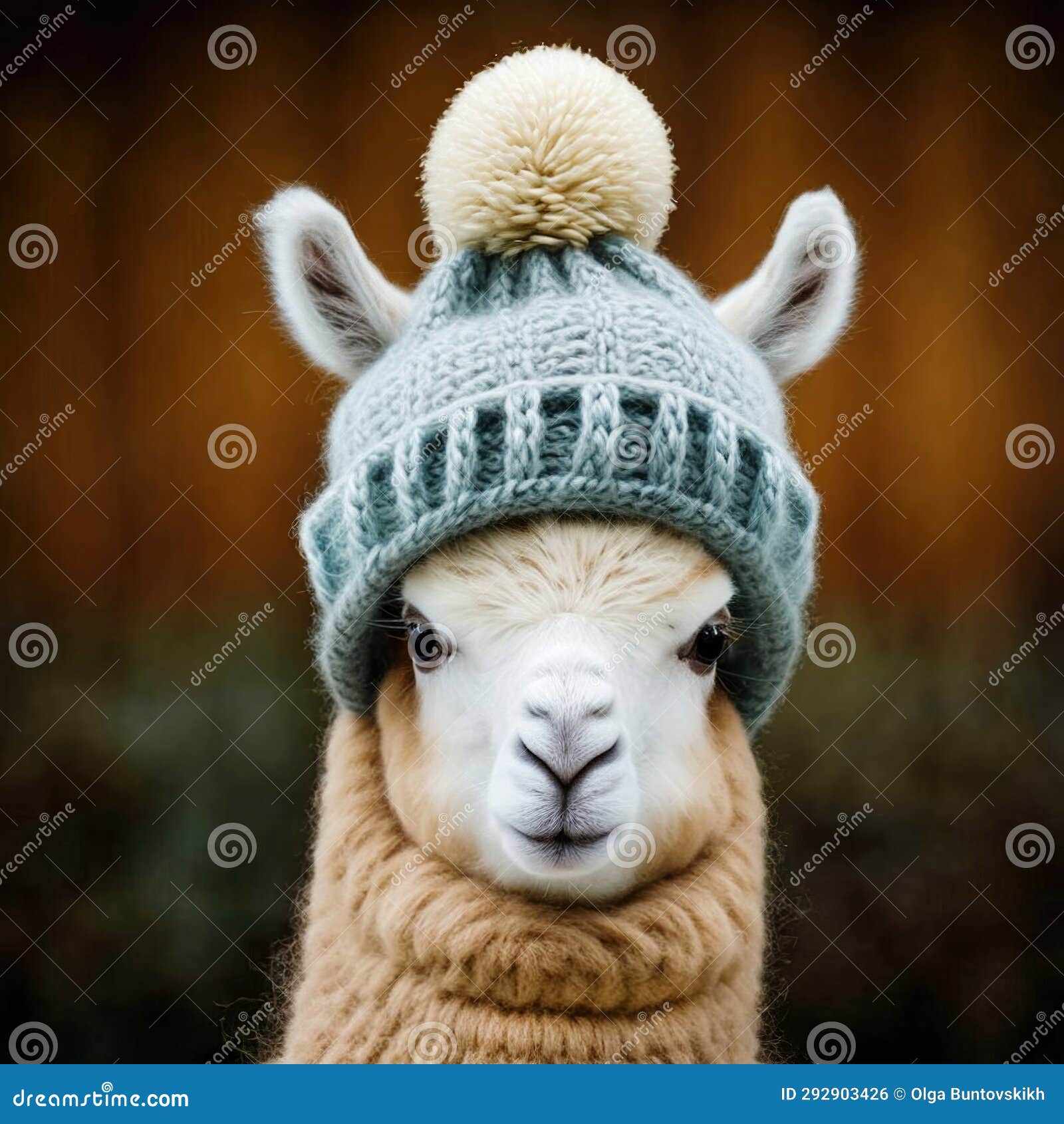 Cute Alpaca Lama in a Blue Hat on a Brown Background. Generative AI ...