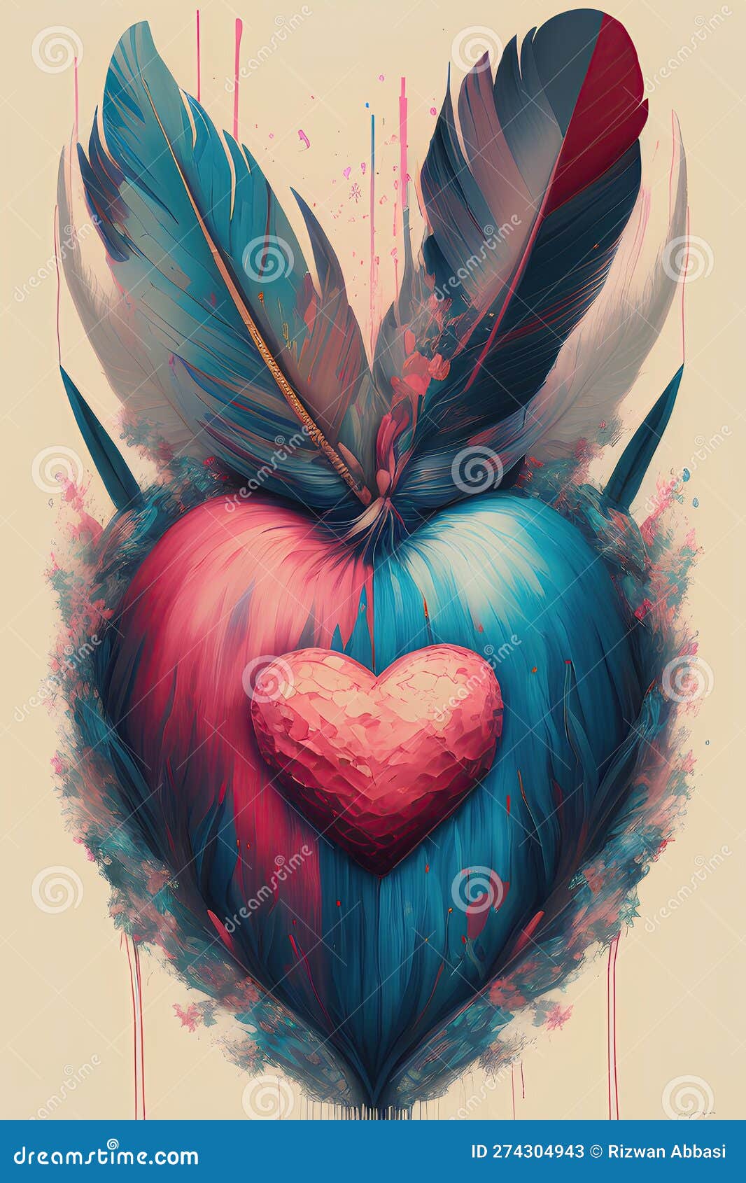 Cute Ancient Huge Heart with Feathers Stock Illustration - Illustration ...