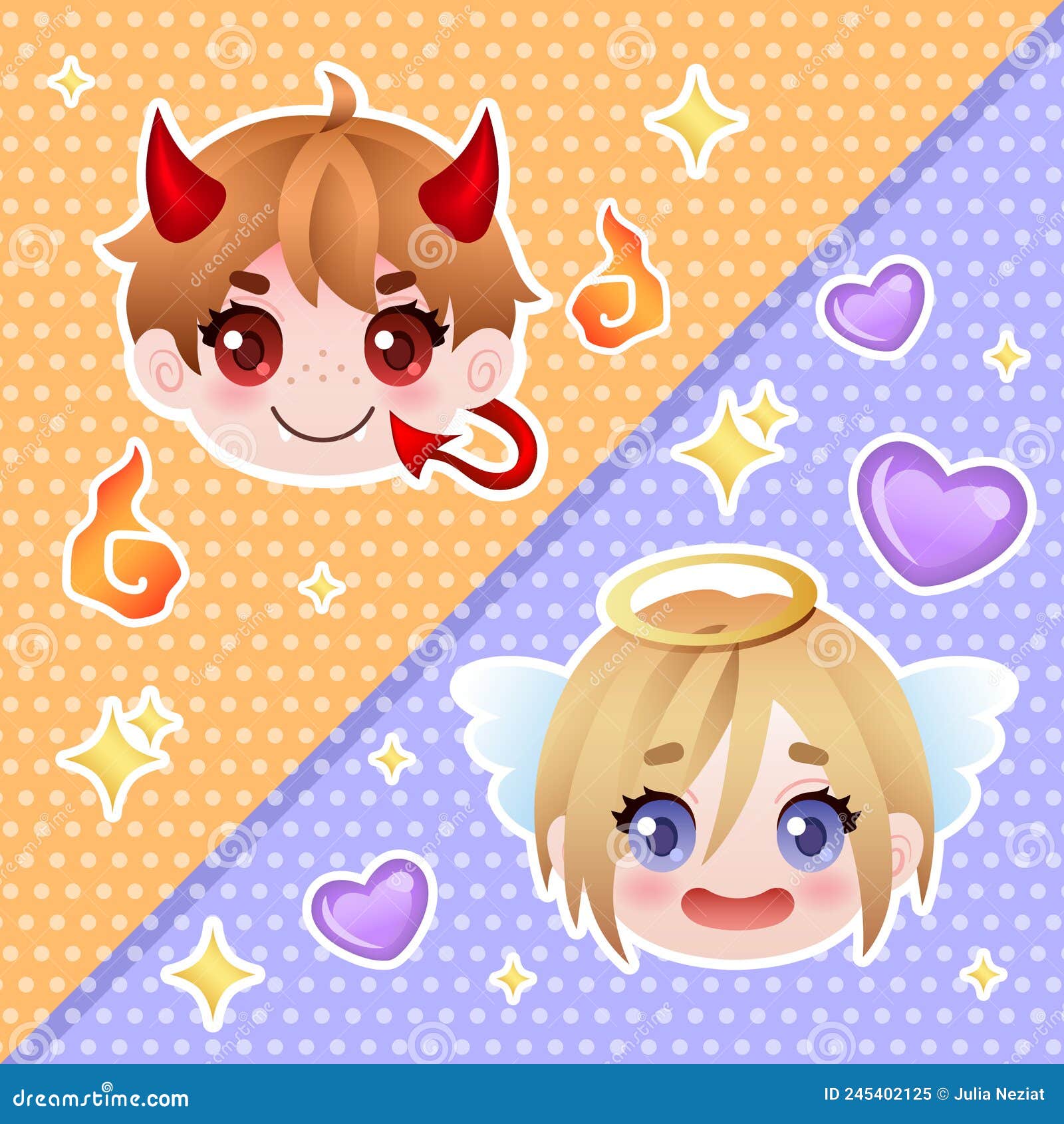 Stickers with Cute Angel and Demon in Anime Style Stock Vector ...