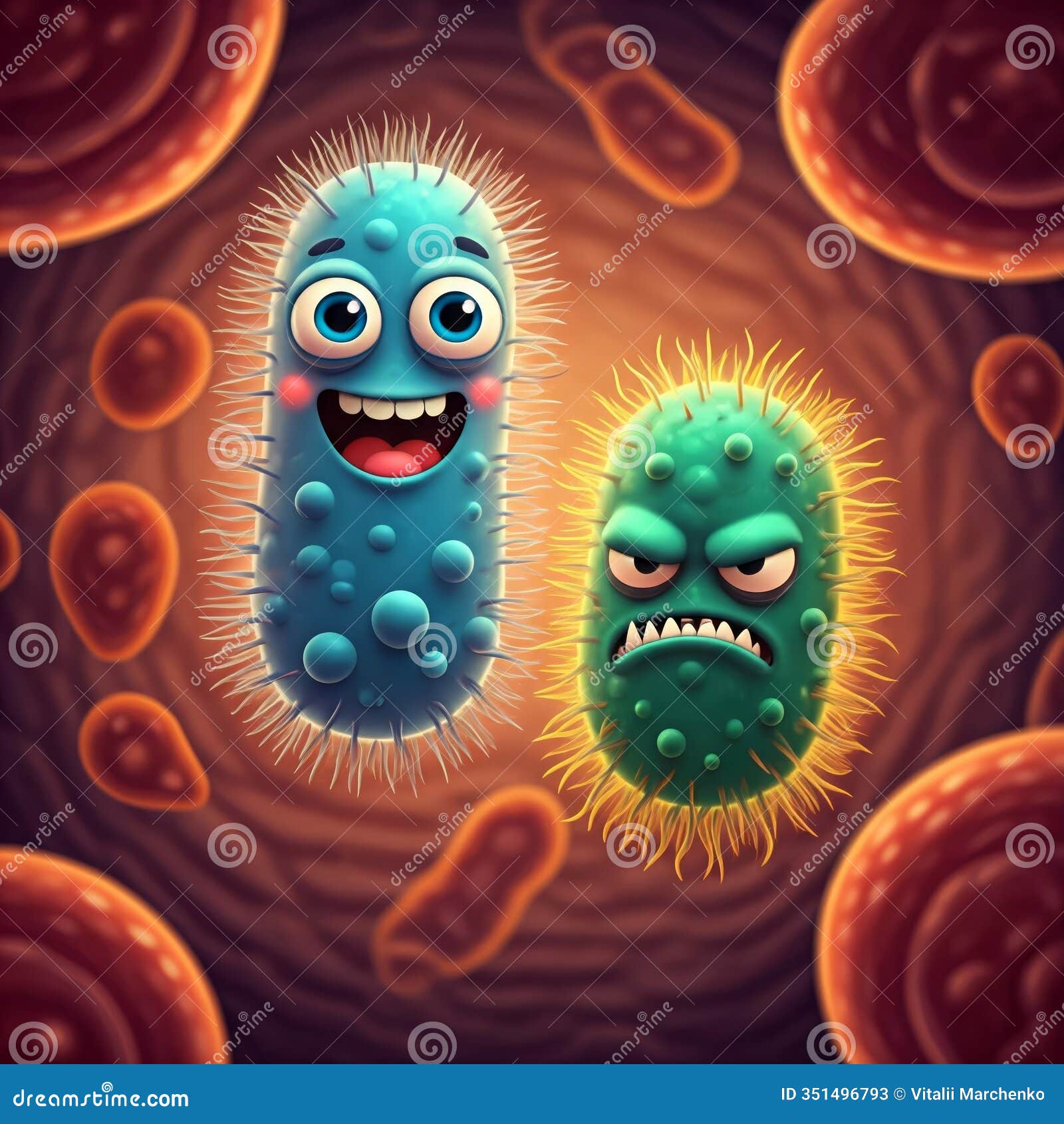 Cute and Angry Bacteria Characters Inside a Microscopic World Stock ...