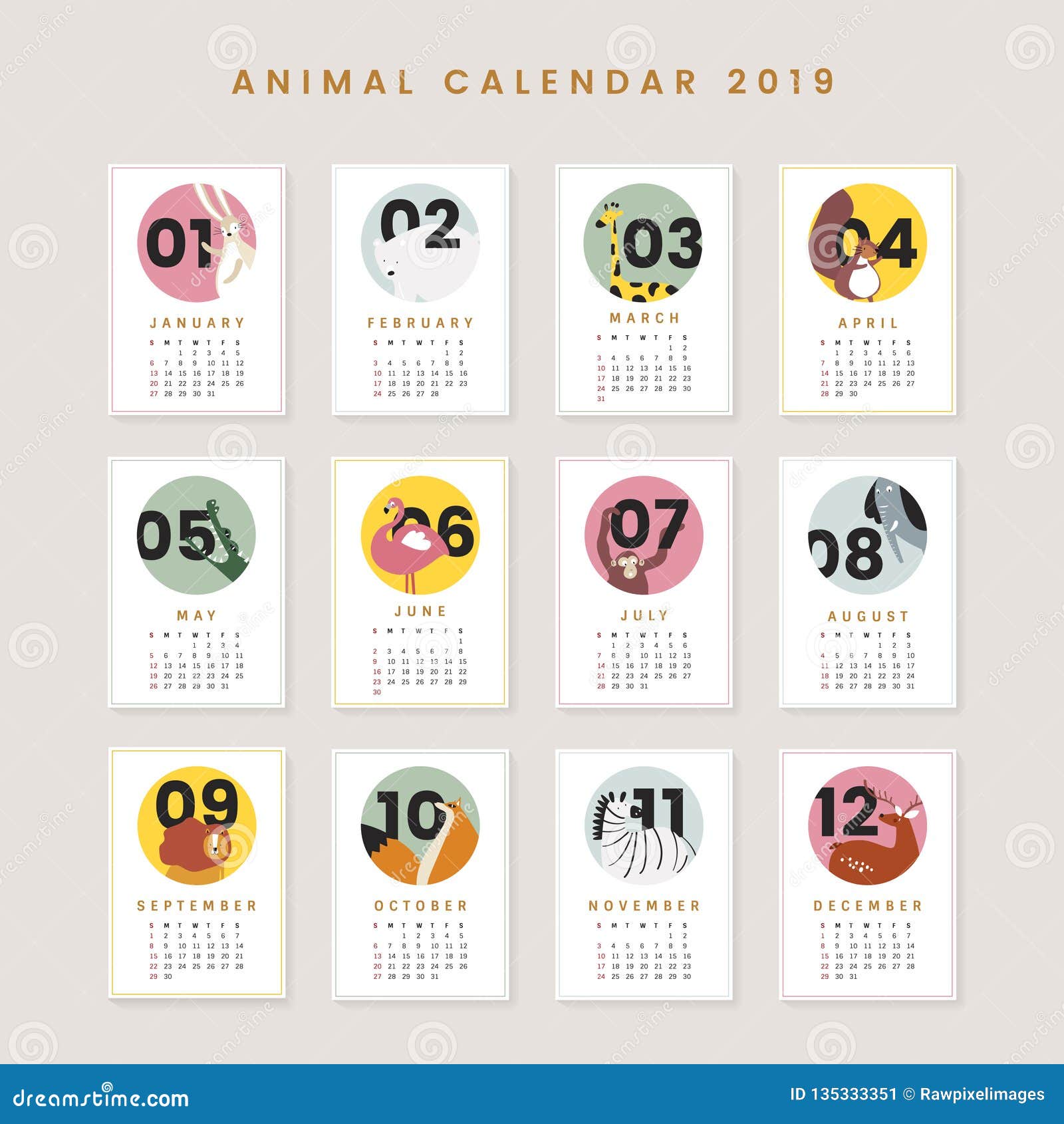 Cute Animal Calendar Mockup Stock Vector - Illustration of month ...