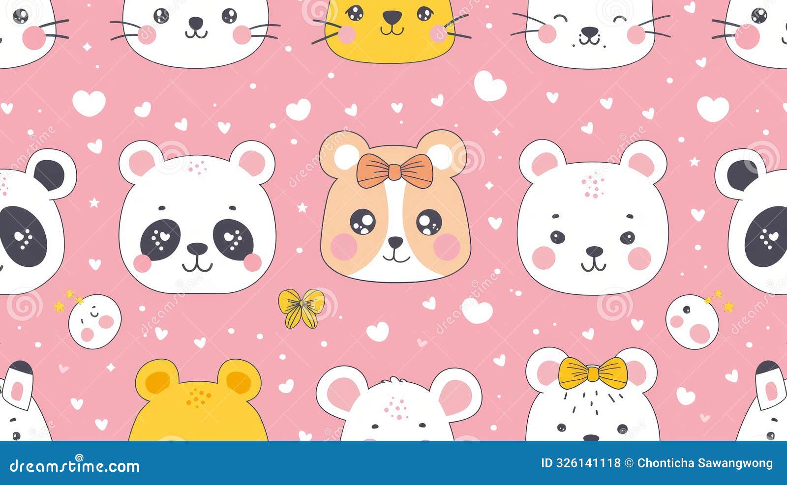 Cute Animal Faces Pattern with Hearts and Butterflies on a Pink ...
