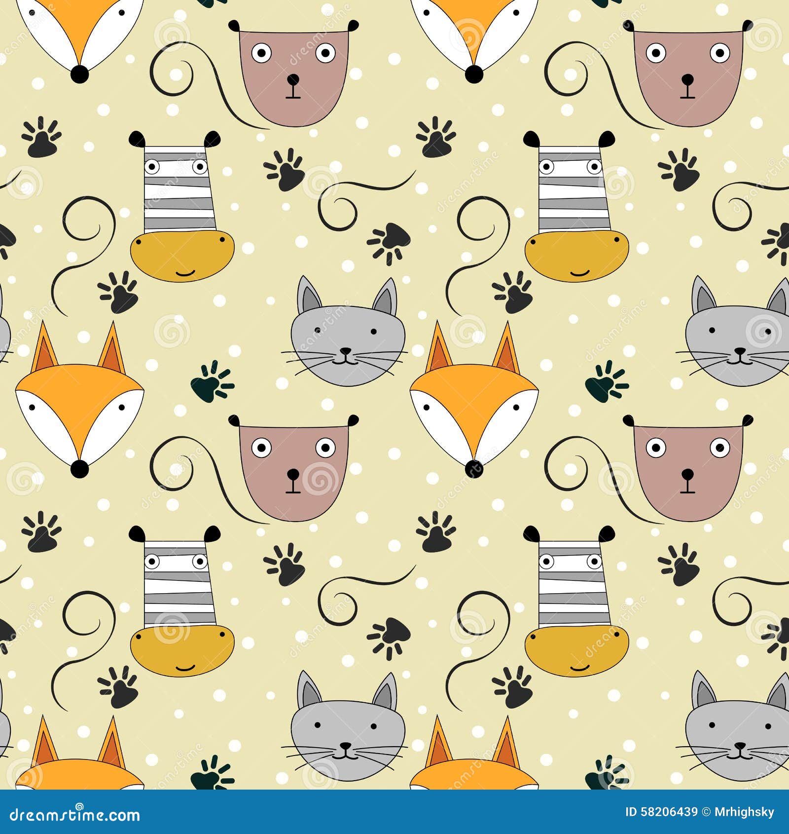 Cute Animal Heads Seamless Pattern Stock Vector - Illustration of head, seamless: 58206439