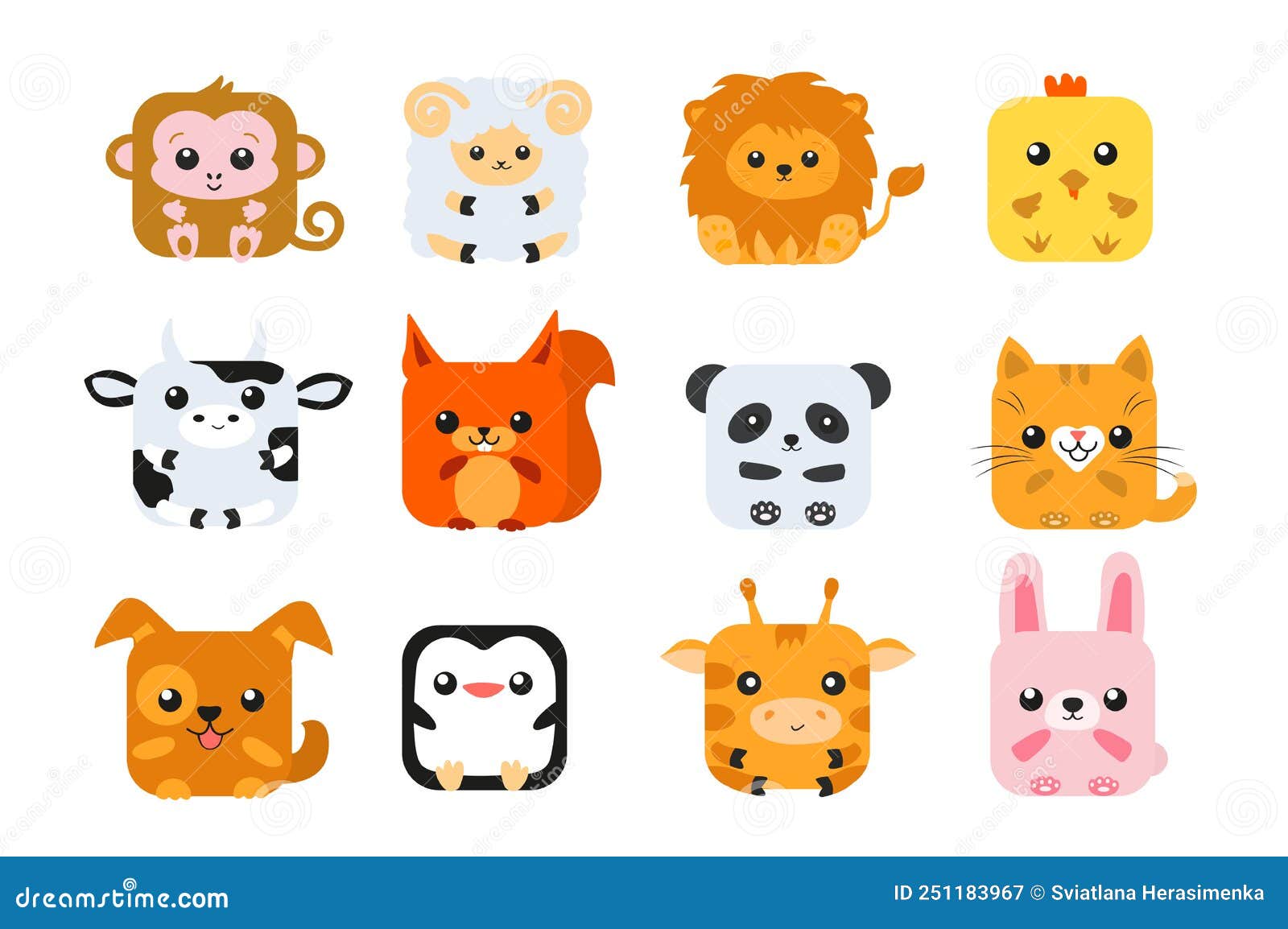 Cute Animal Square Face. Vector Flat Illustration Stock Vector ...