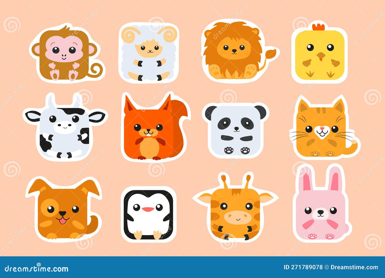 Cute Animal Square Face. Vector Flat Illustration Stock Vector ...