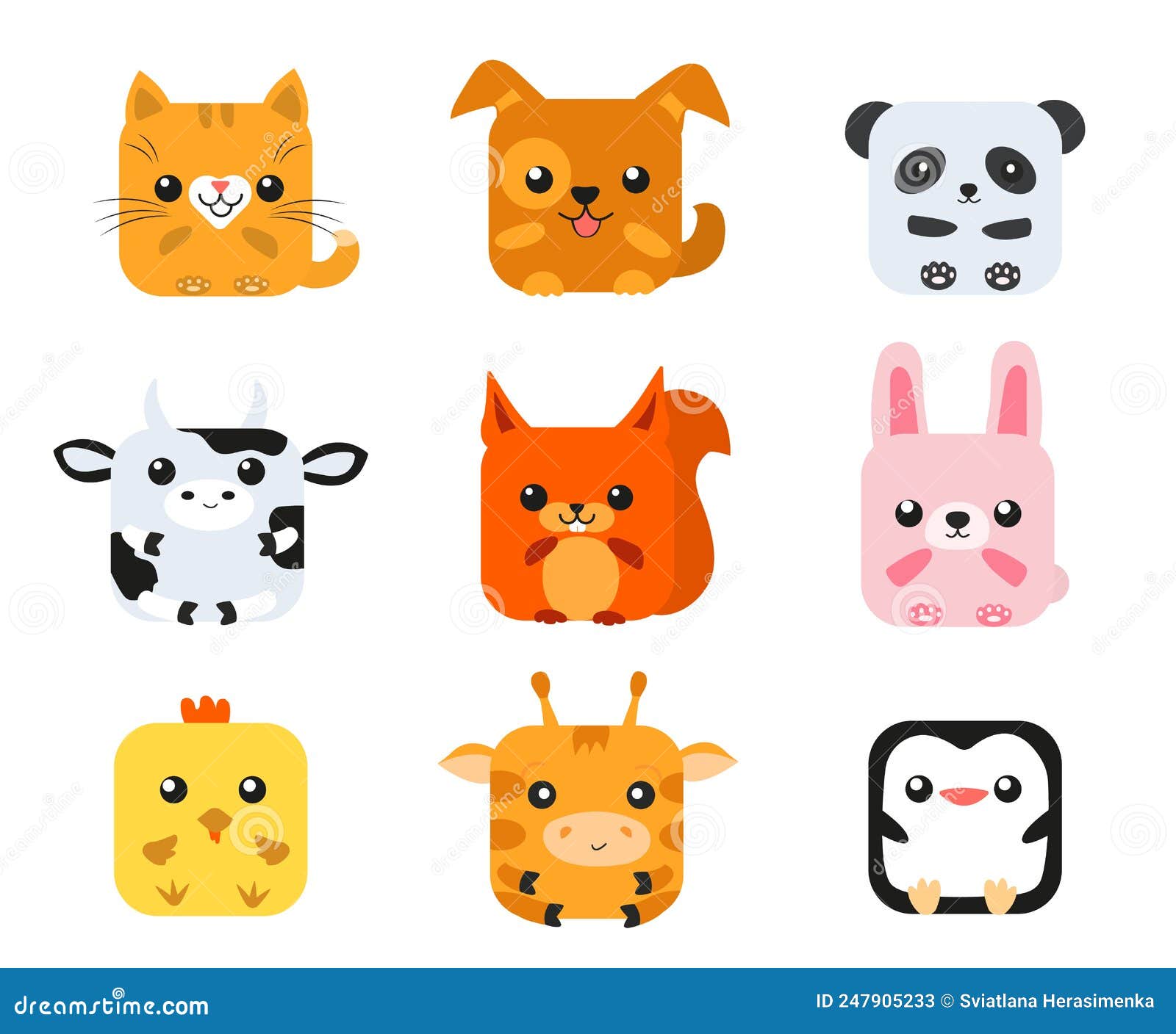 Cute Animal Square Face. Vector Flat Illustration Stock Vector ...