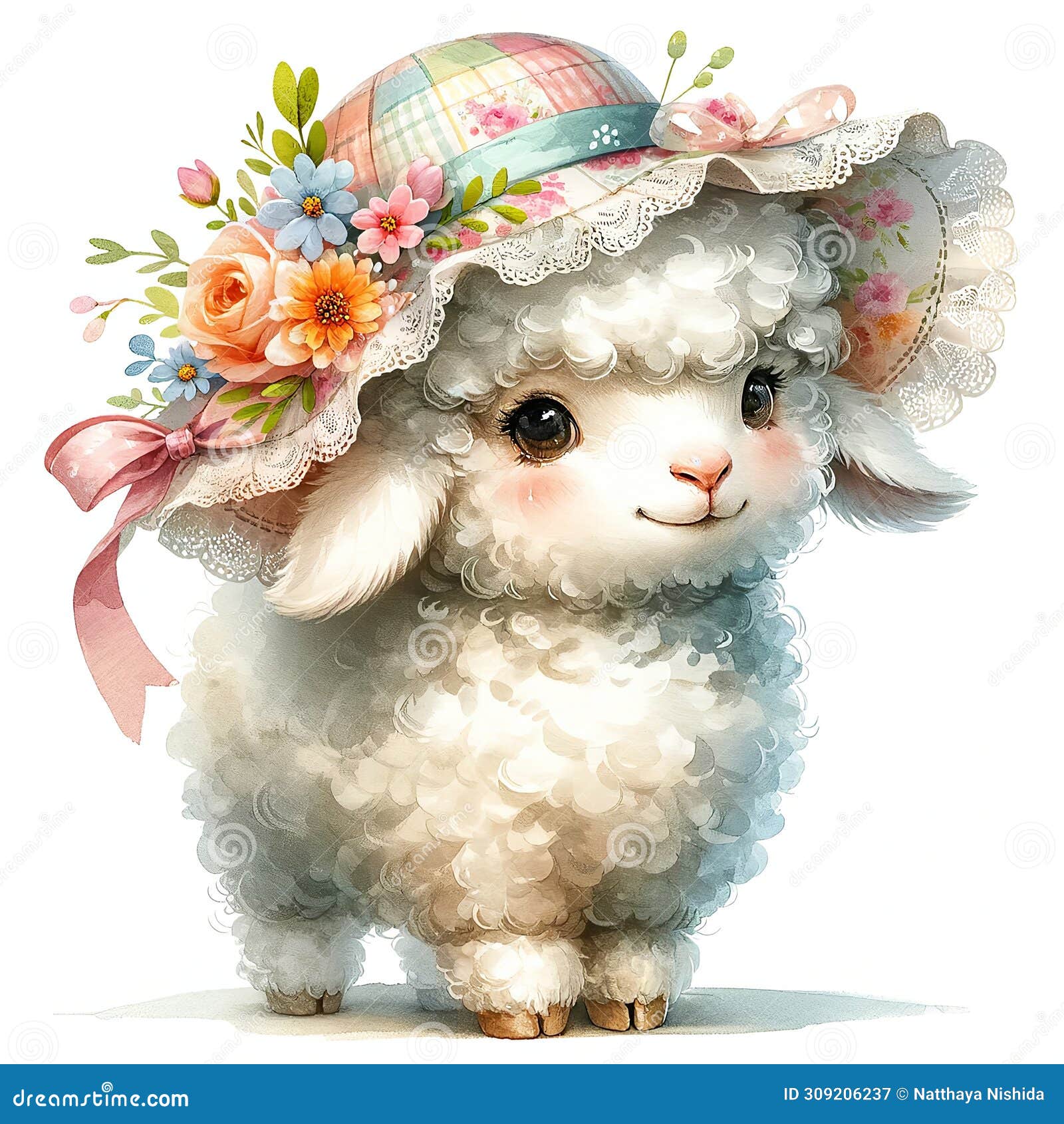 Sheep Wearing An Easter Bonnet Watercolor Illustrations On A White