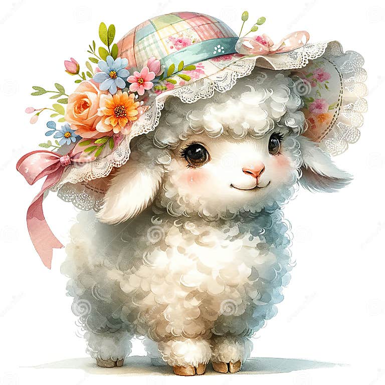 Sheep Wearing An Easter Bonnet Watercolor Illustrations On A White