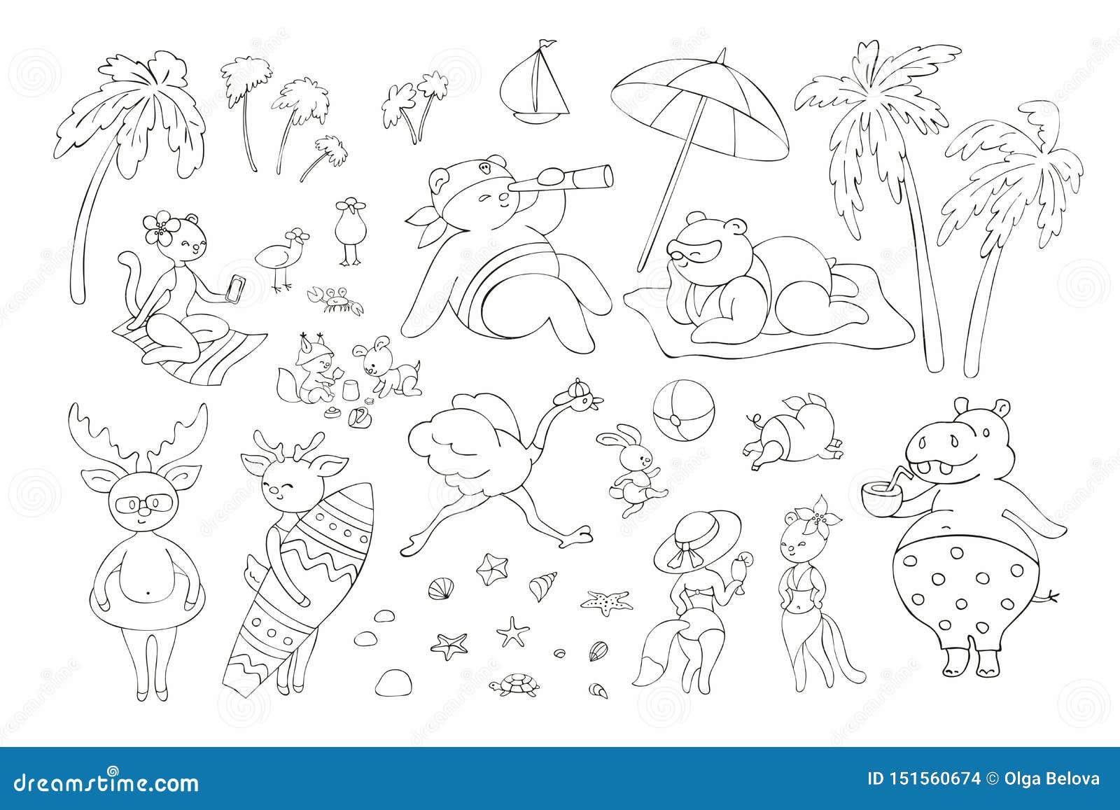 Cute Animals on the Beach. Vector Illustrations Set in Doodle Style ...