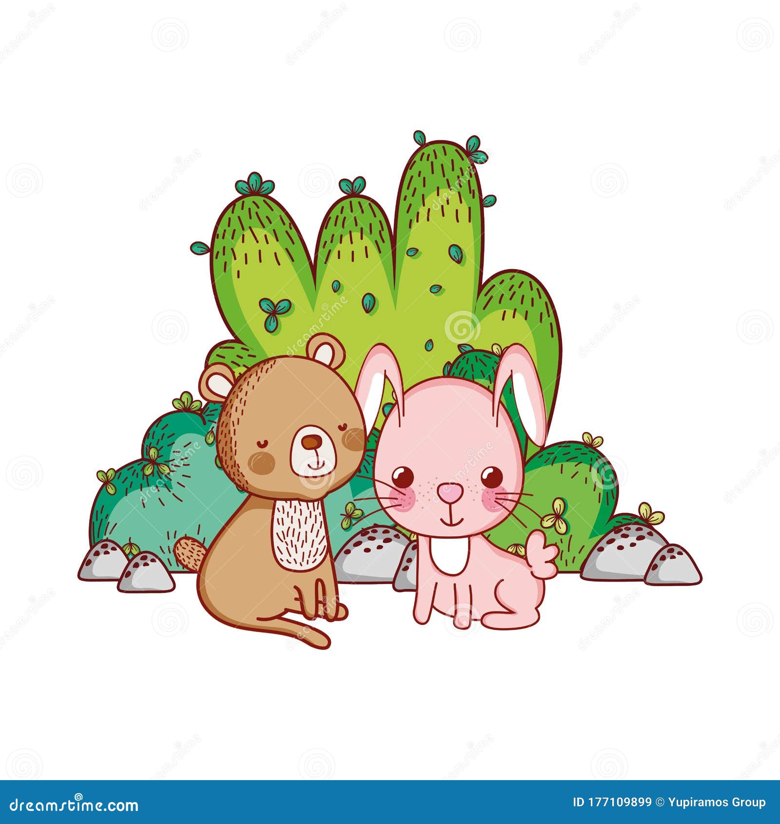 Cute Animals, Bear and Rabbit Foliage Cartoon Stock Vector ...