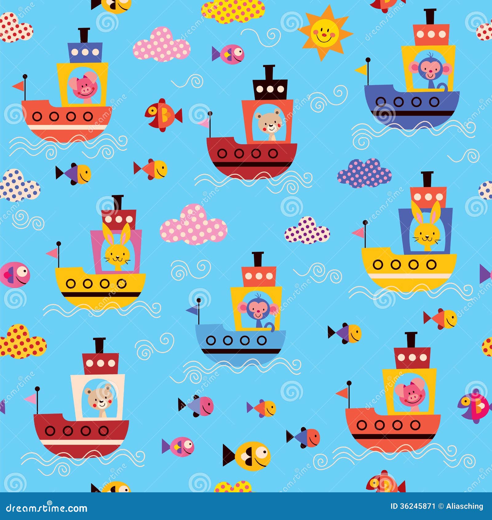 Cute Animals in Boats Kids Sea Pattern Stock Vector - Illustration of ...