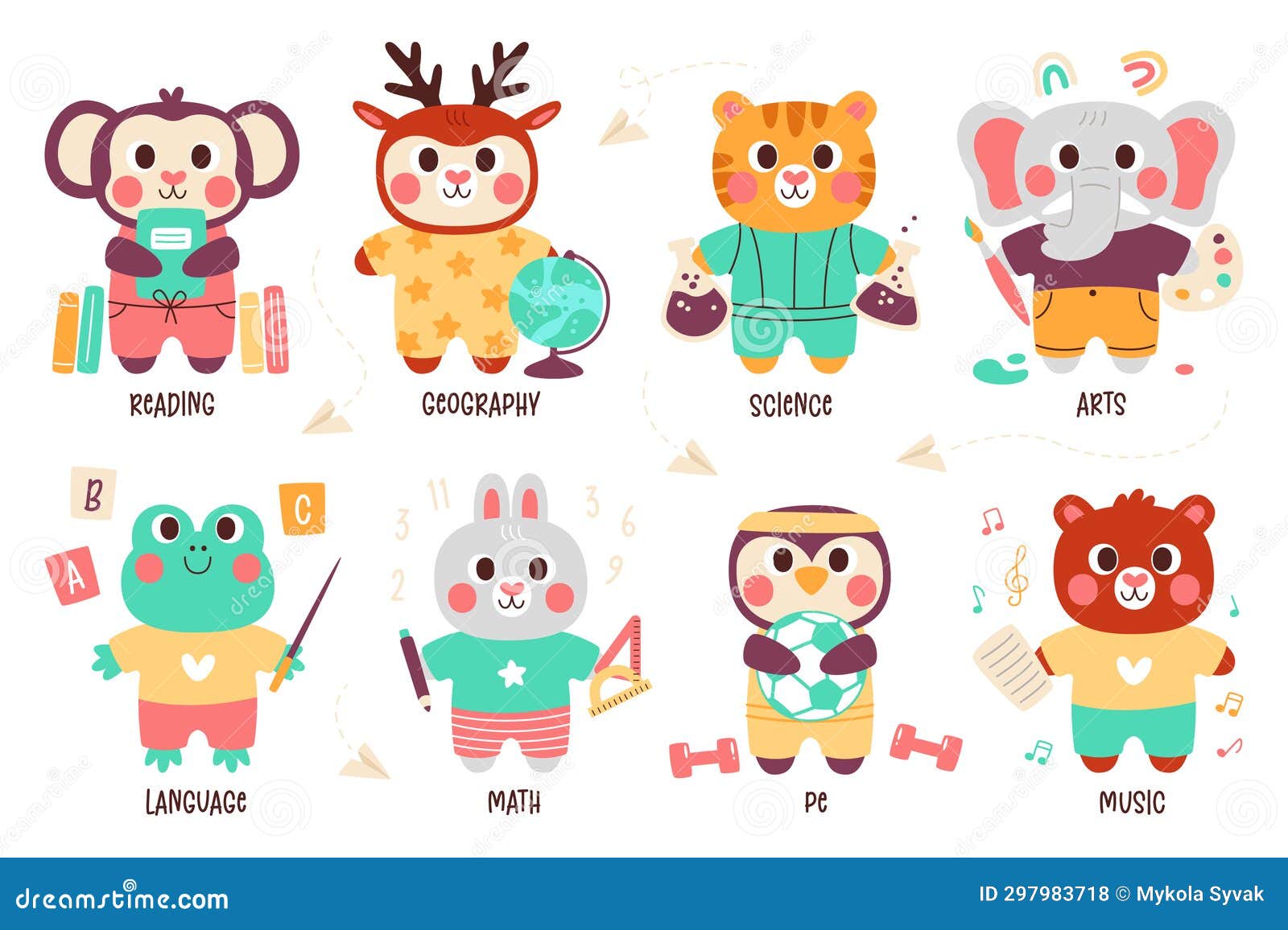 Cute Animals Characters Back To School To Study Different Educational ...
