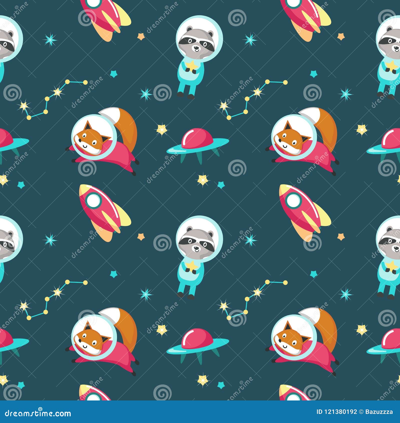 Cute Animals in Cosmos Vector Seamless Pattern Stock Vector ...