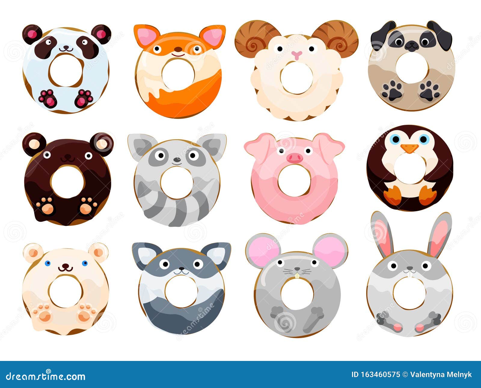 Cute Animals Donuts Set Isolated Vector Illustration Stock Illustration ...