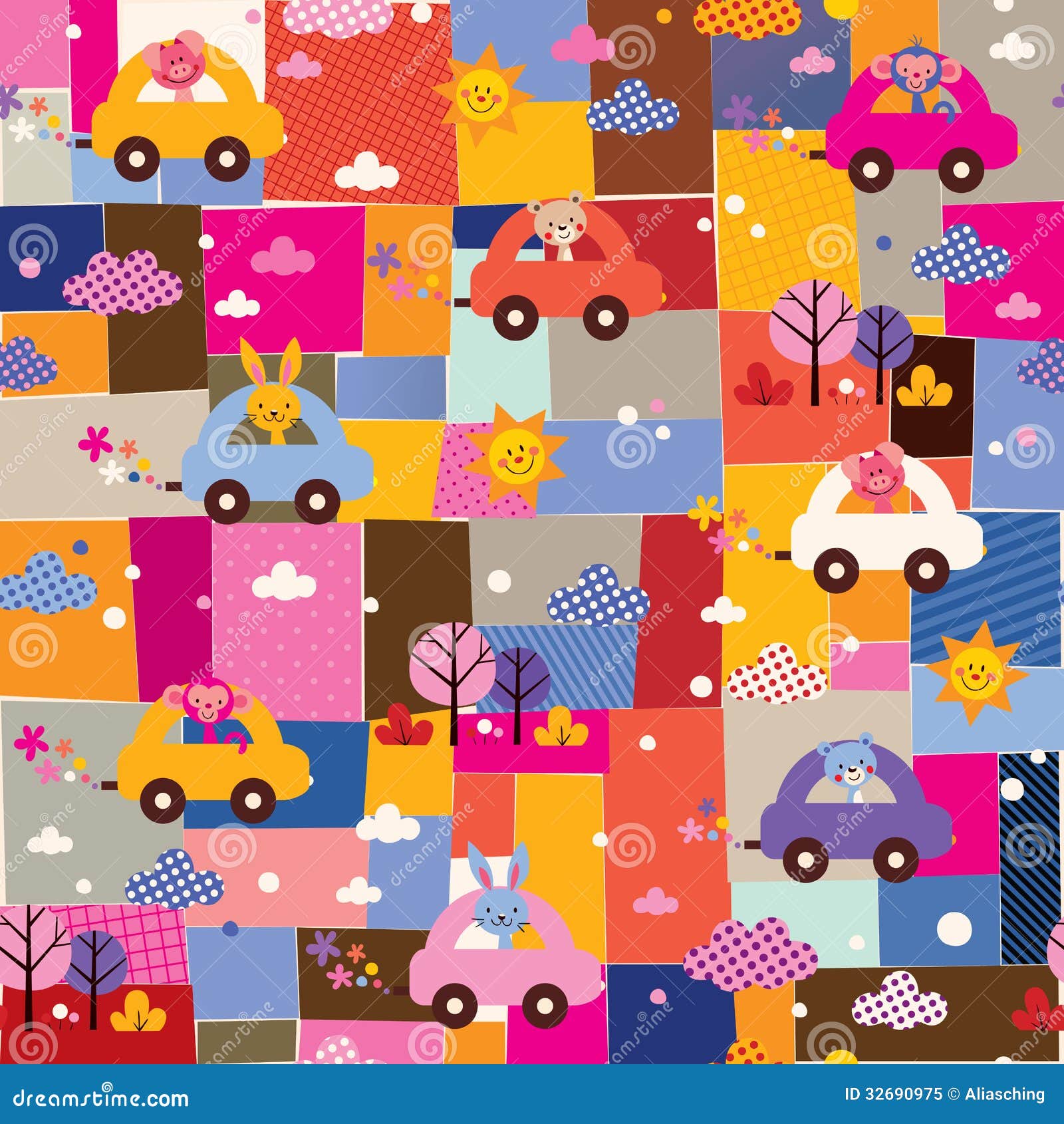 Cute Animals Driving Cars Kids Collage Pattern Stock Vector ...