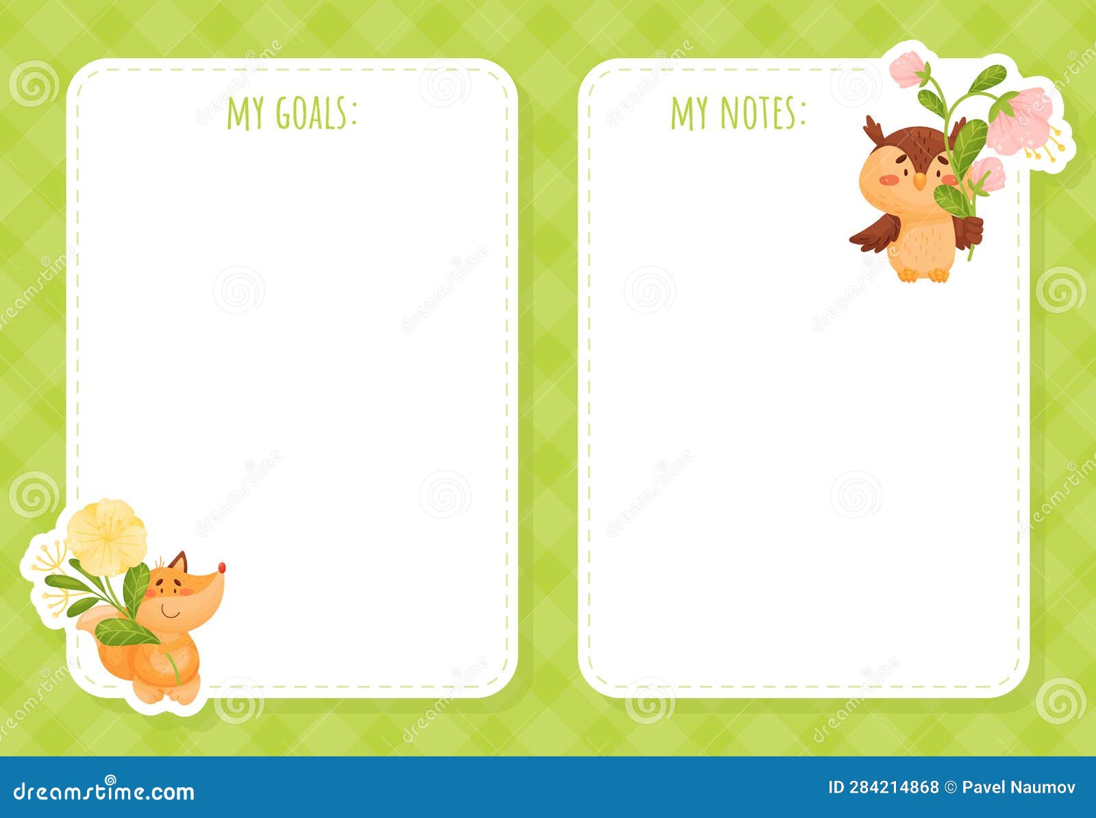 Cute Animals with Flowers on Stalk Empty Note Card Vector Template ...