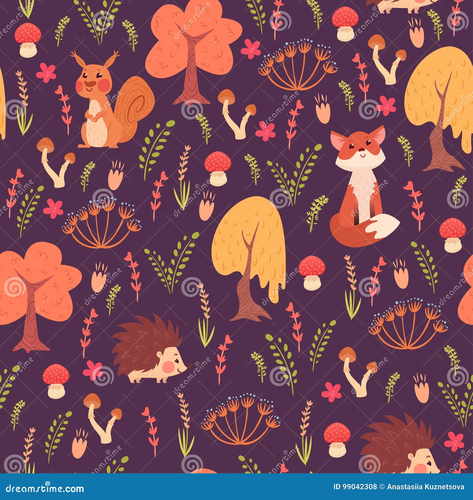 Cute Animals in Forest Pattern Stock Vector - Illustration of grass ...