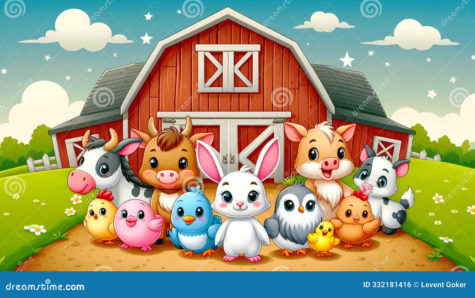 Cute Animals in Front of a Barn. Stock Illustration - Illustration of ...