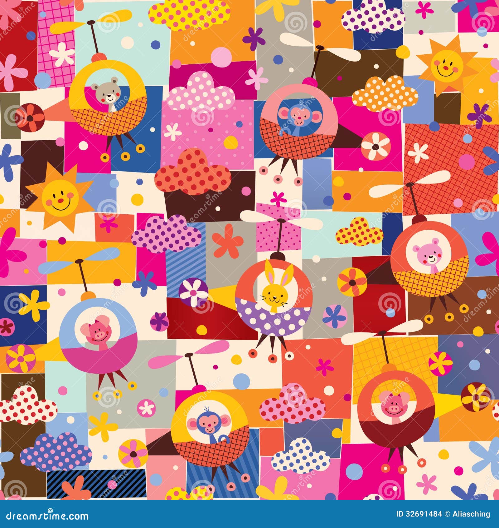 Cute Animals in Helicopters Kids Pattern Stock Vector - Illustration of ...