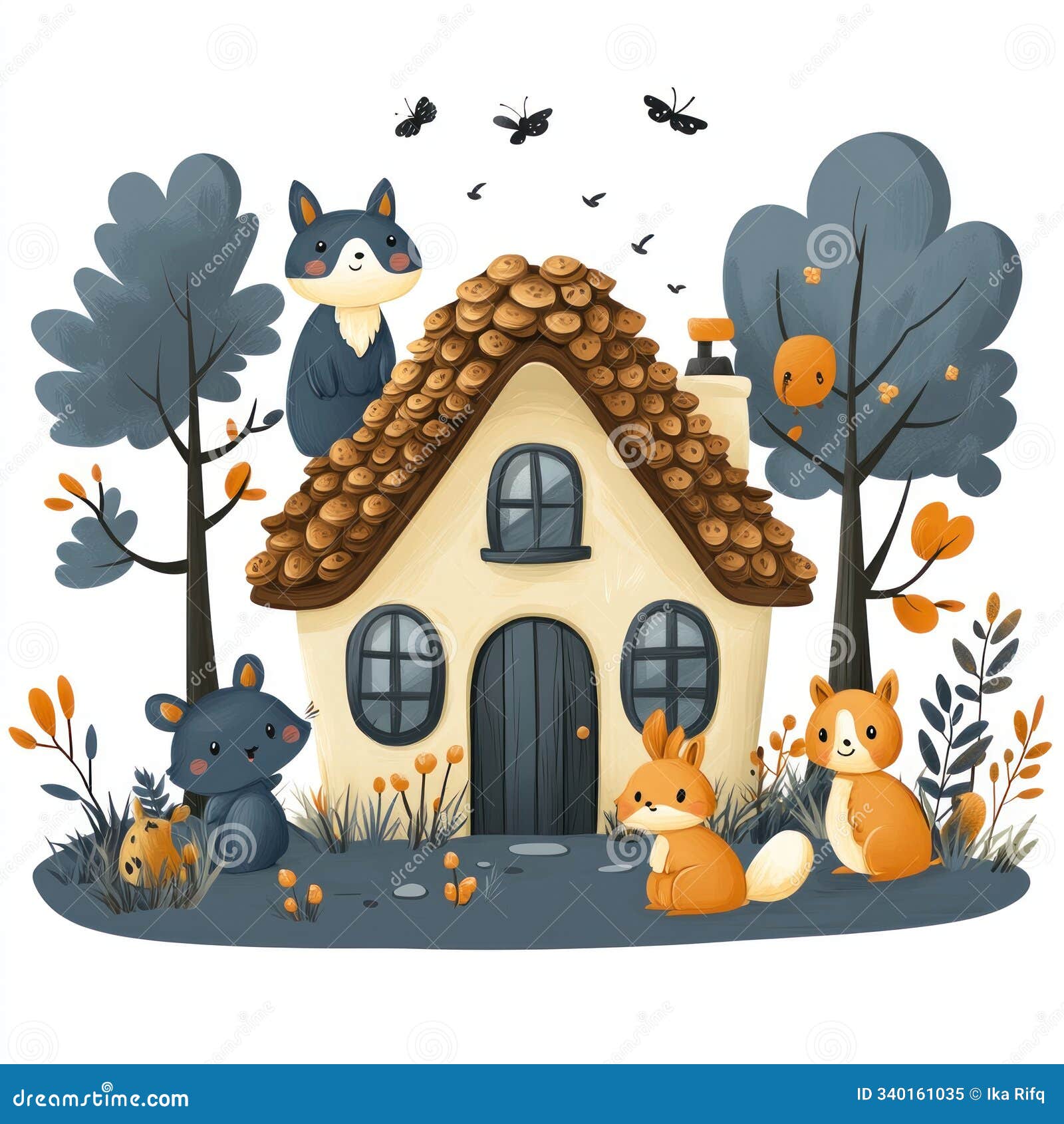 Cute Animals Illustration with a House in the Woods Stock Illustration ...