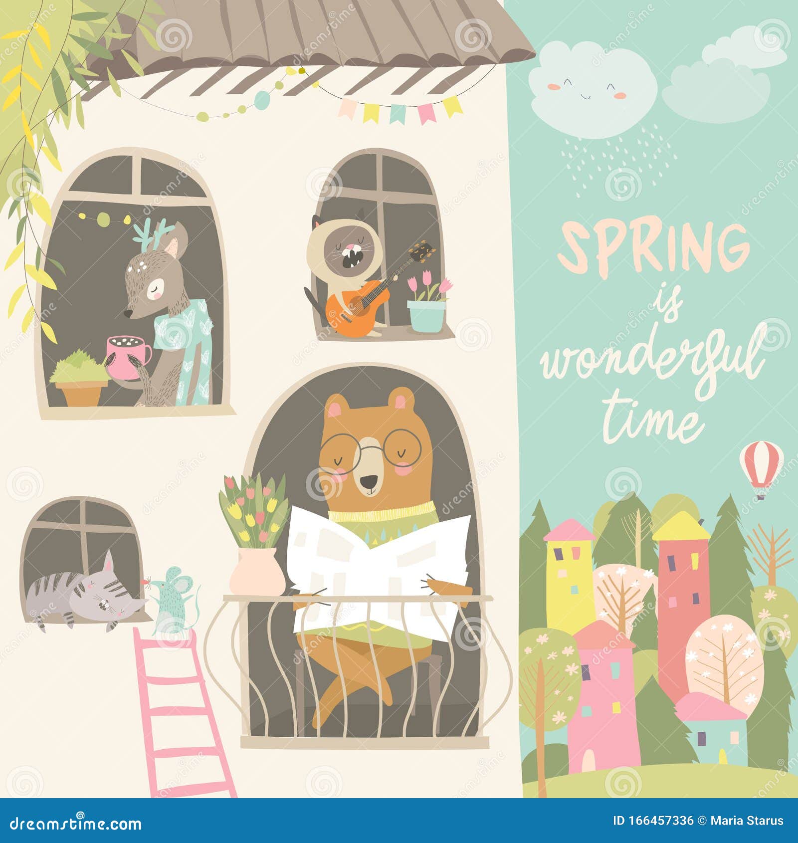 Cute Animals Look Out of the Windows. Hello Spring Stock Vector ...