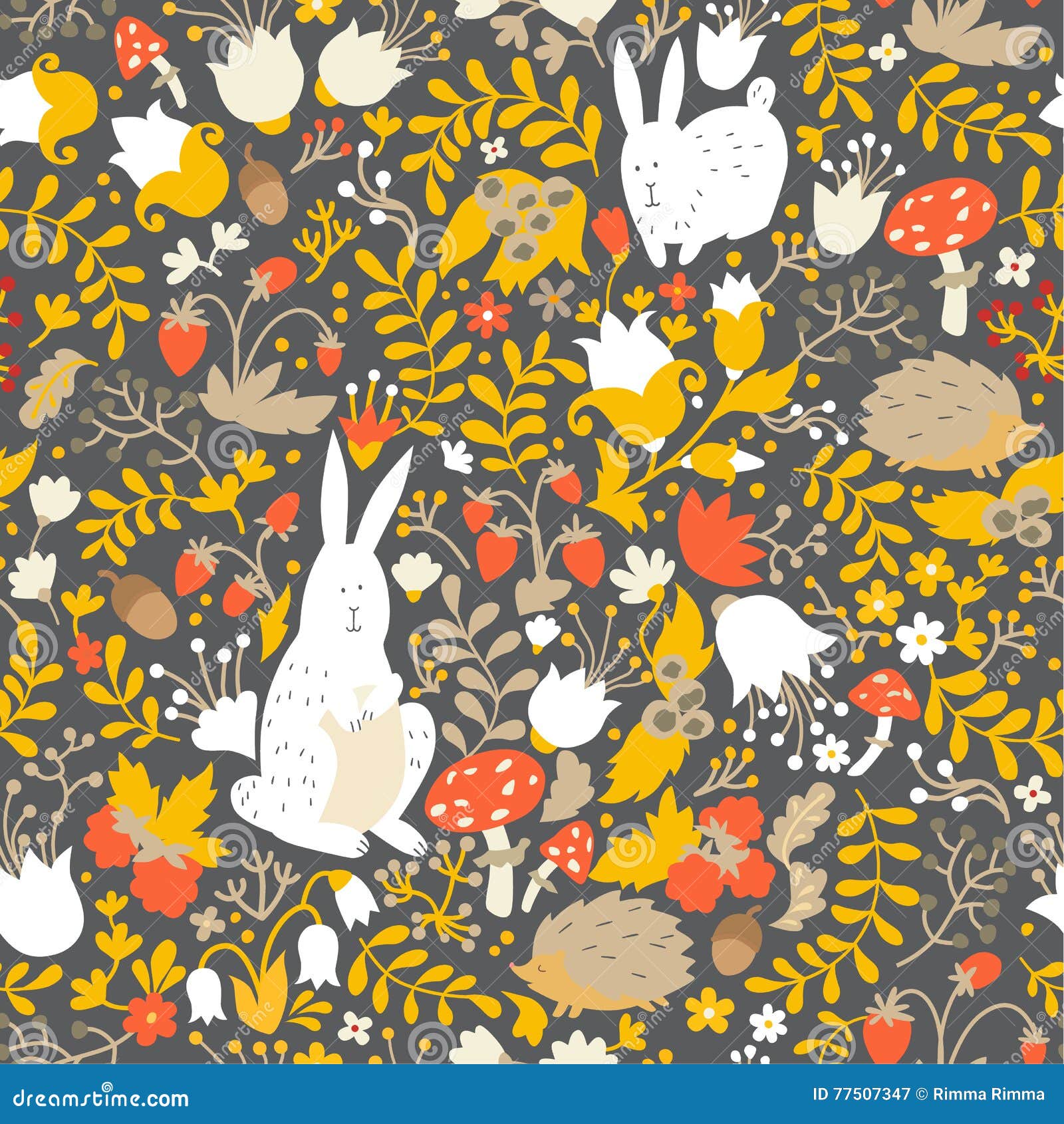 Cute Animals on Magic Forest Seamless Pattern. Rabbit and Hedgehog ...
