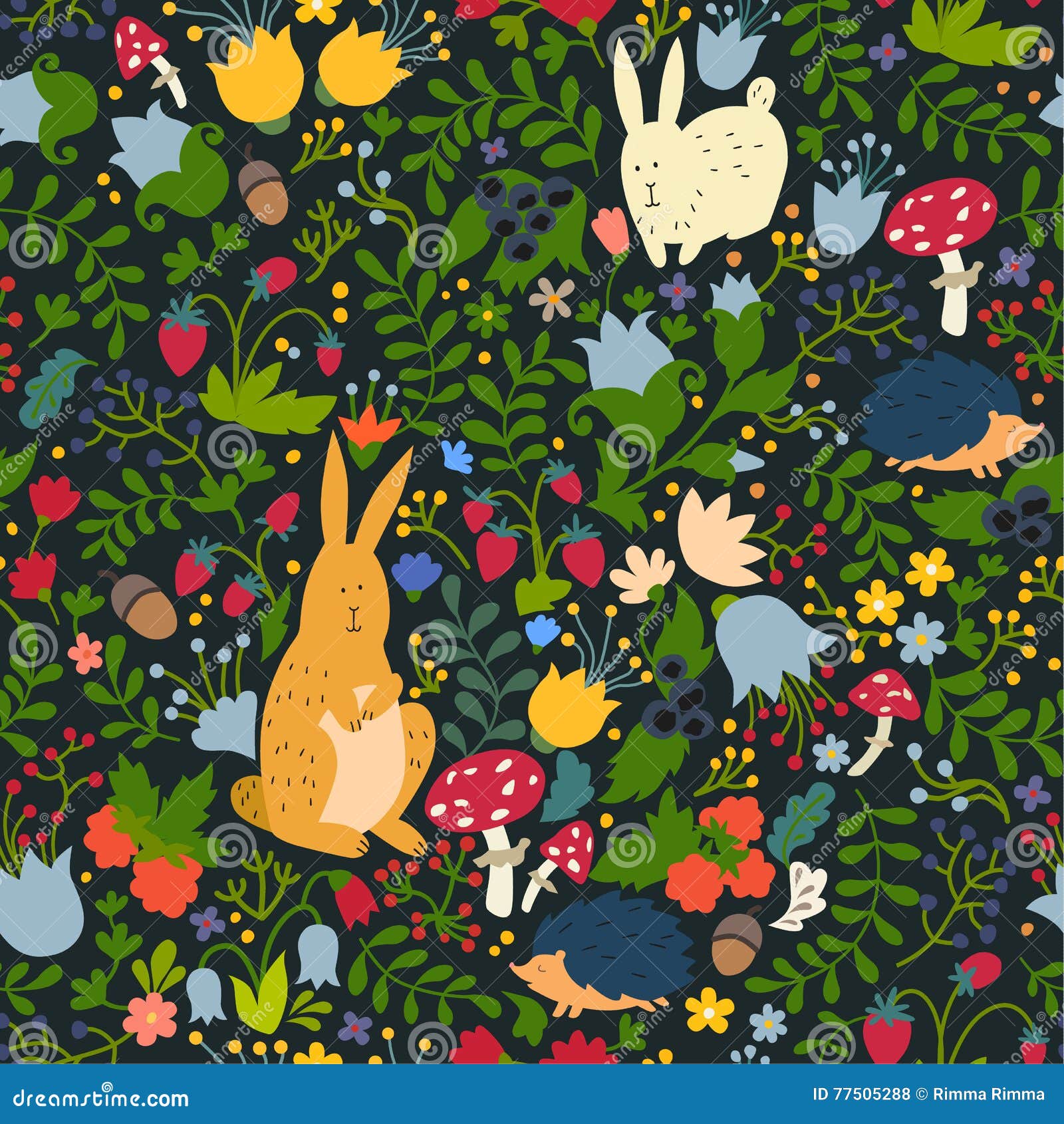 Cute Animals on Magic Forest Seamless Pattern. Rabbit and Hedgehog ...